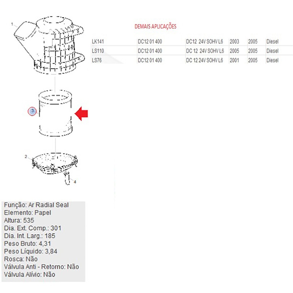 Filtro Ar Scania T R114 Lx1069 C301622 Ars1189 1335679